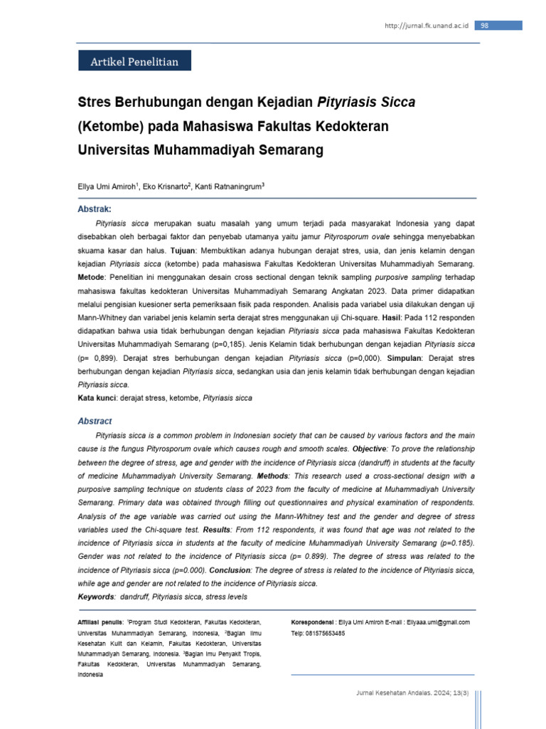 Hubungan Stres dan Pityriasis Sicca pada Mahasiswa | PDF