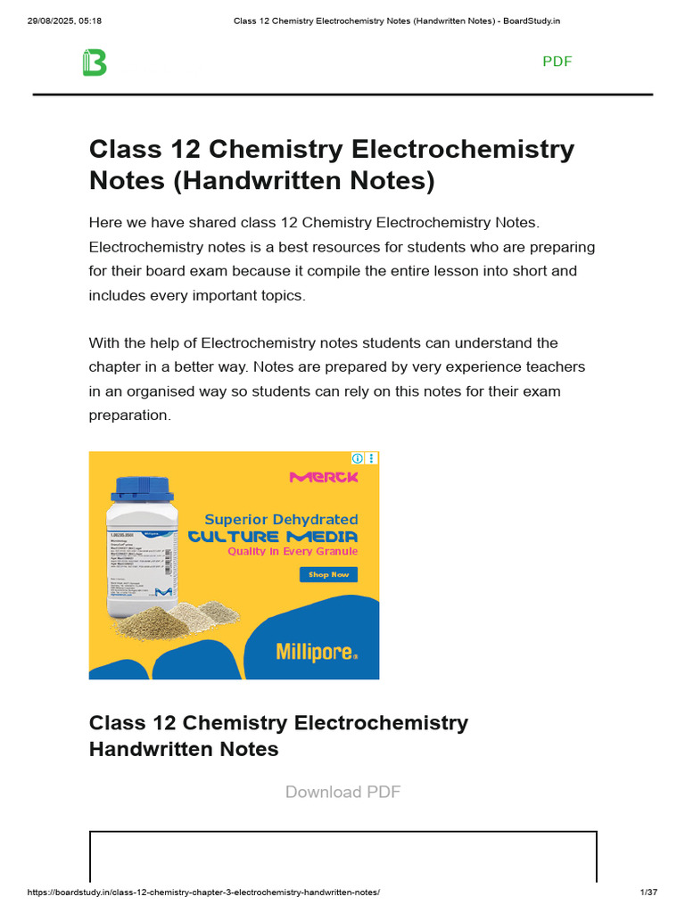 Class 12 Electrochemistry Notes | PDF | Physical Sciences | Chemistry