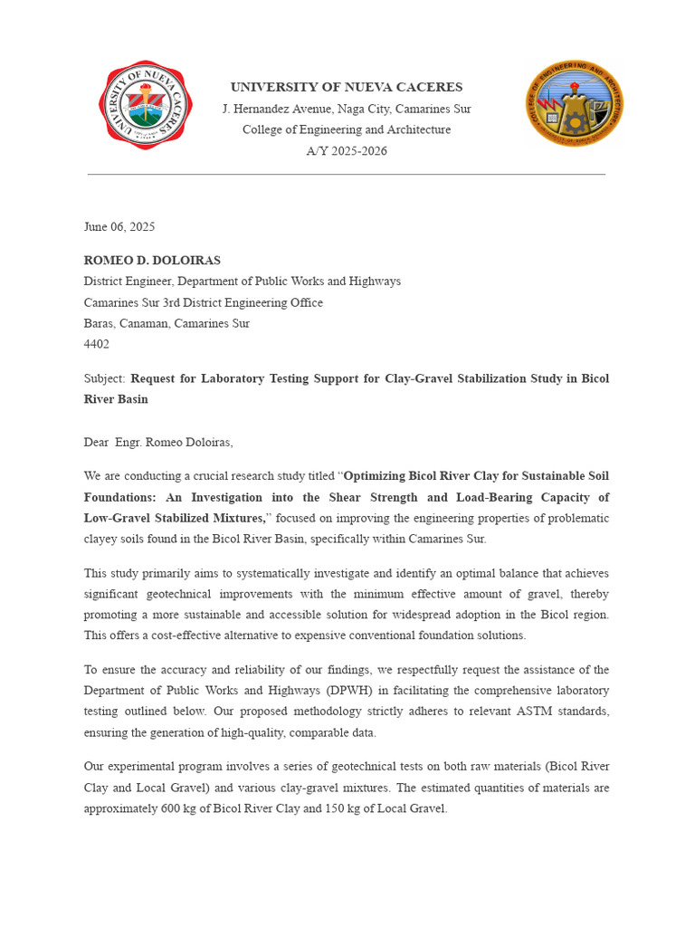 Request for DPWH Testing Support | PDF | Natural Materials