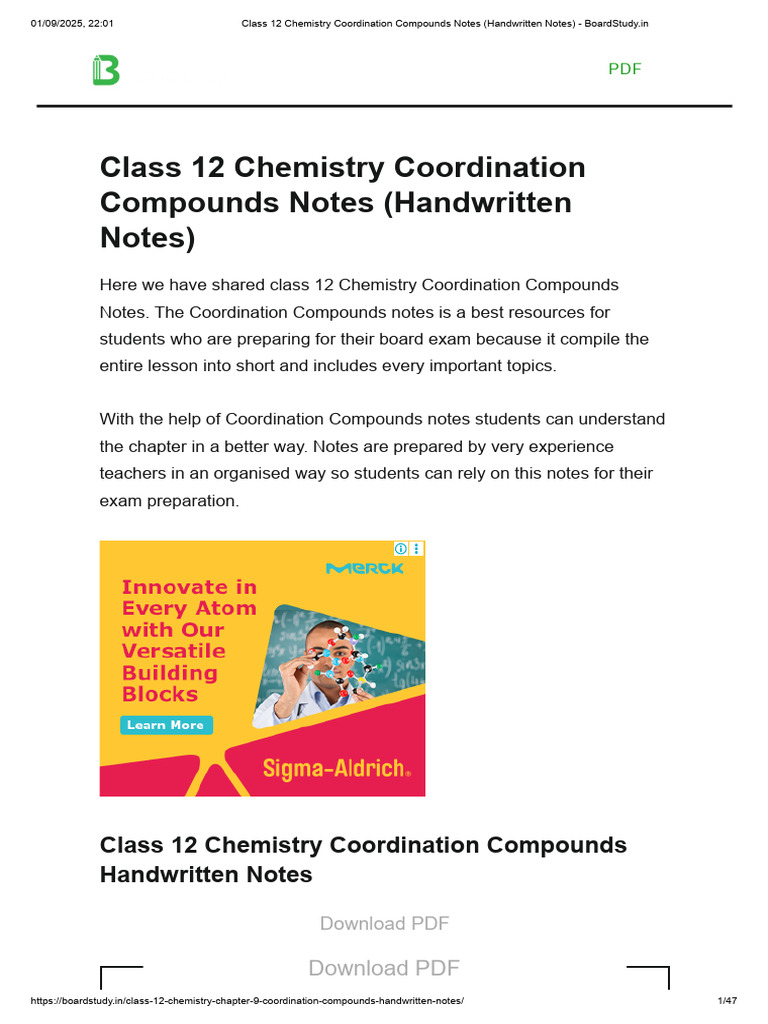 Class 12 Chemistry Notes: Coordination | PDF