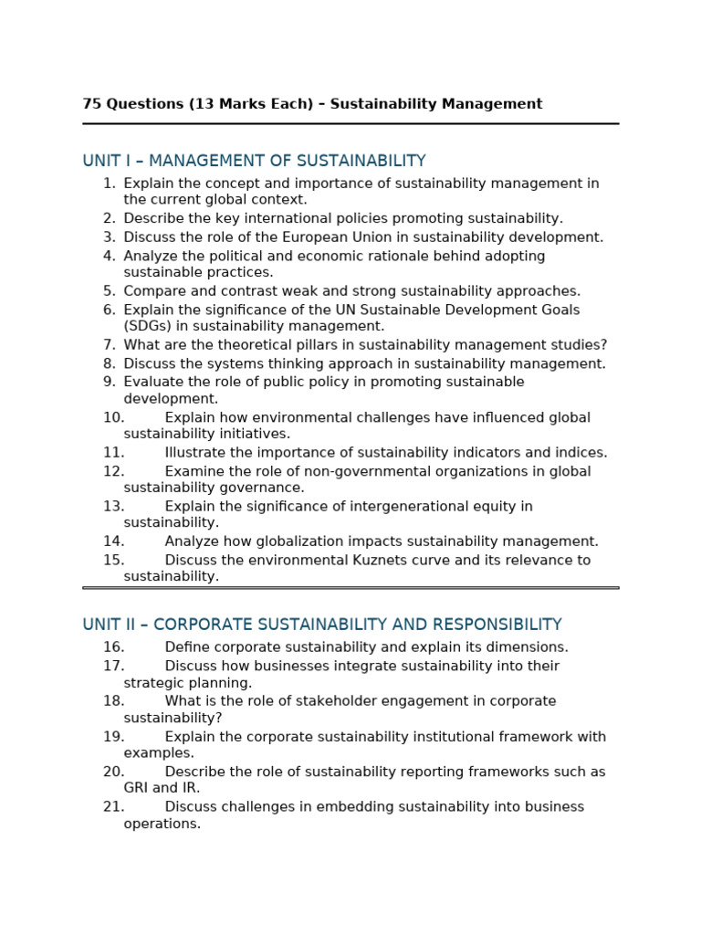 Sustainability Management Questions Guide | PDF | Sustainability ...