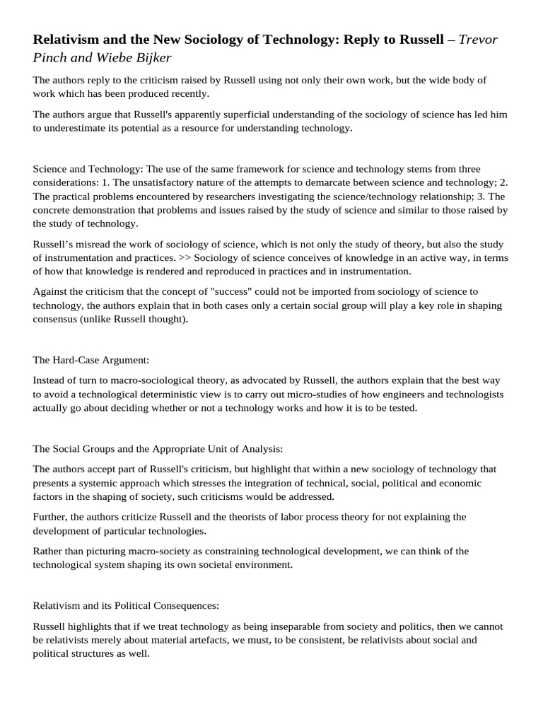 Pinch and Bijker - Relativism and The New Sociology of Technology | PDF ...