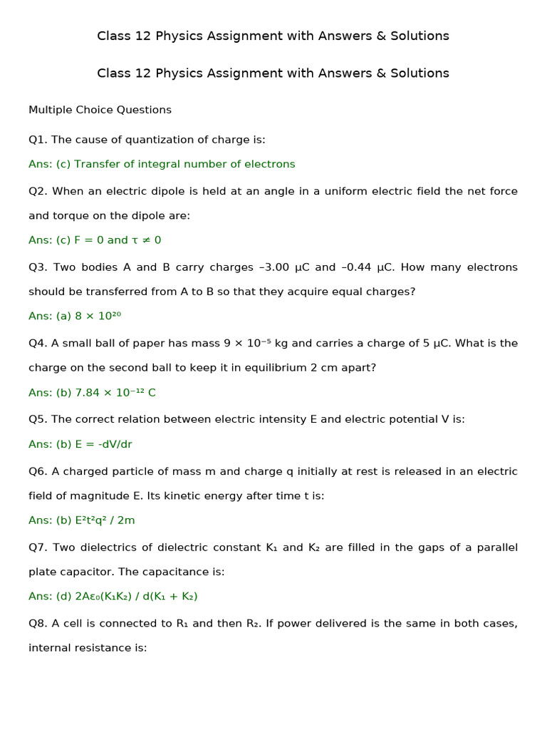 Class 12 Physics Assignment Numbered FULL | PDF | Electrical Resistivity And Conductivity | Electron