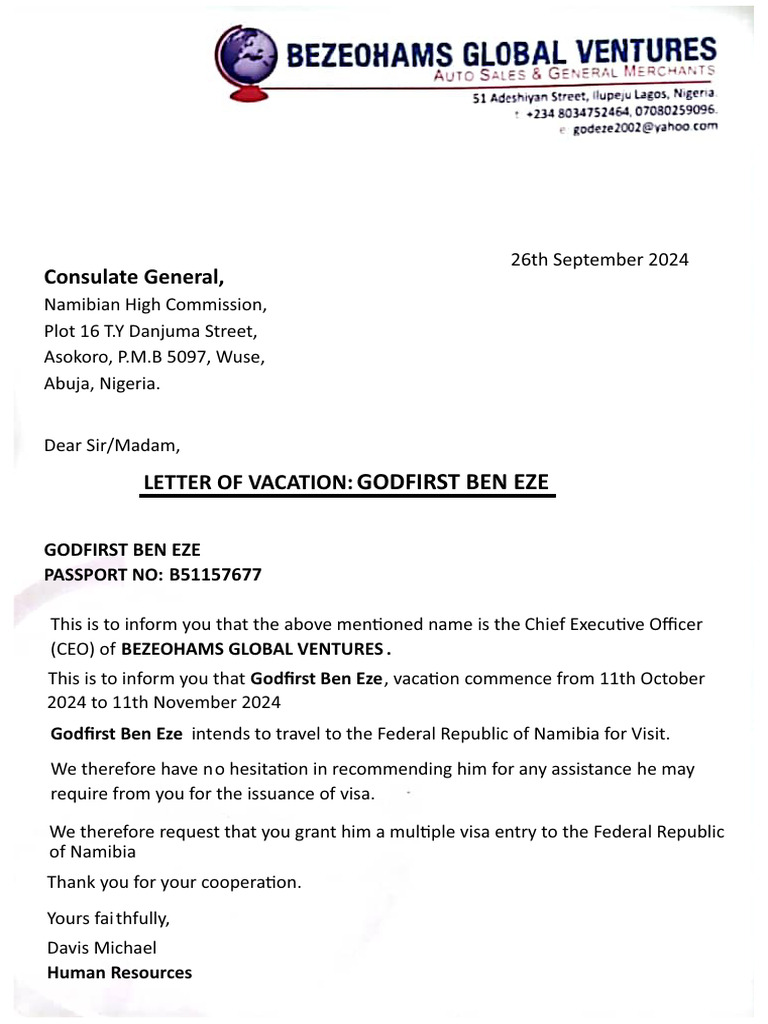 Visa Request for Godfirst Ben Eze | PDF