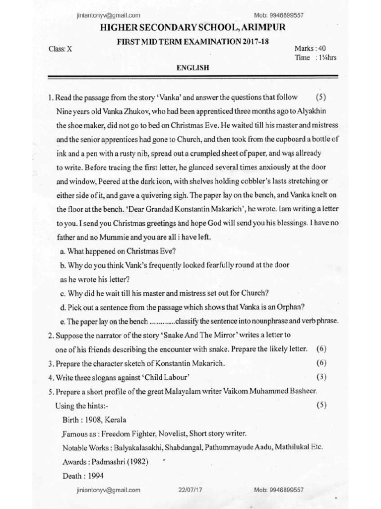 Kerala SSLC First Mid Term Examination Model Question Paper - English | PDF