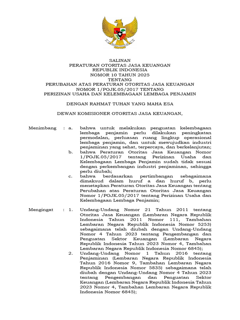 Perubahan POJK 1/POJK.05/2017 Penjaminan | PDF