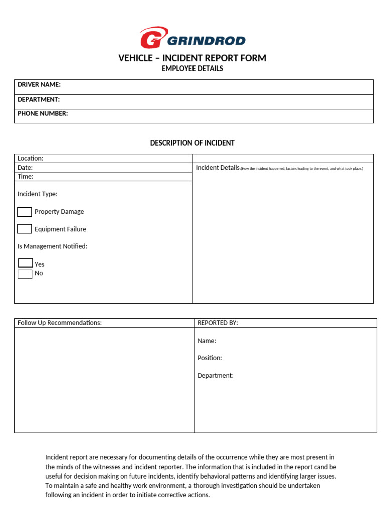Vehicle - Incident Report Form | PDF