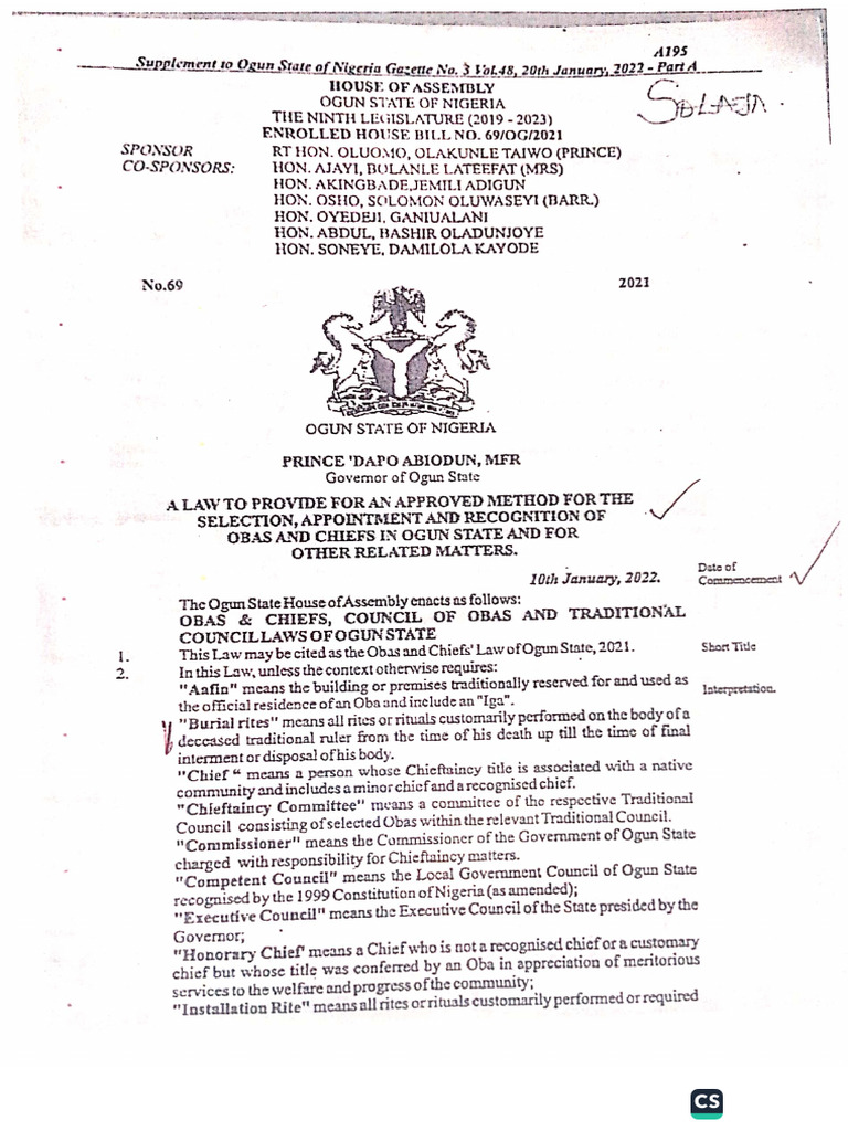 OBAs and Chiefs' Law of Ogun State 2021 | PDF
