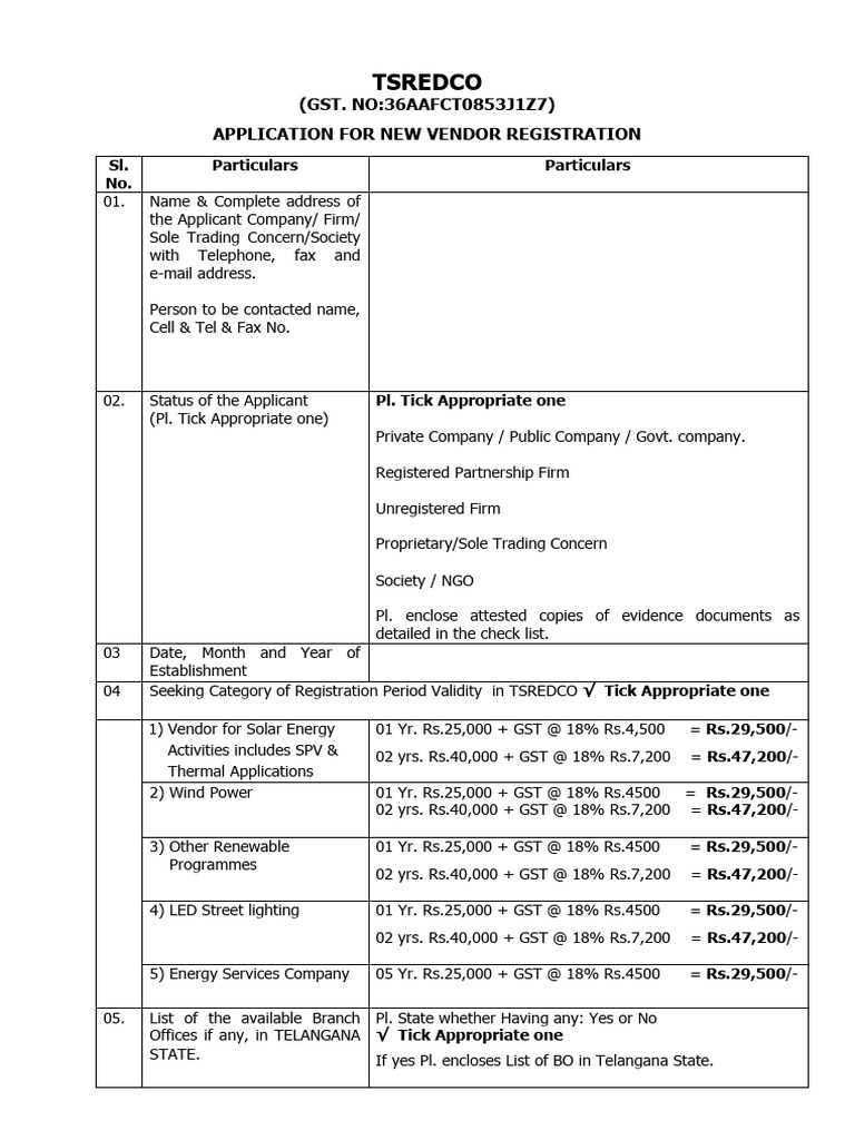TSREDCO Vendor Registration Application | PDF