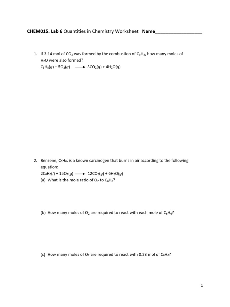 Lab 6 Quantities in Chemical Reaction Worksheet | PDF | Chemical ...