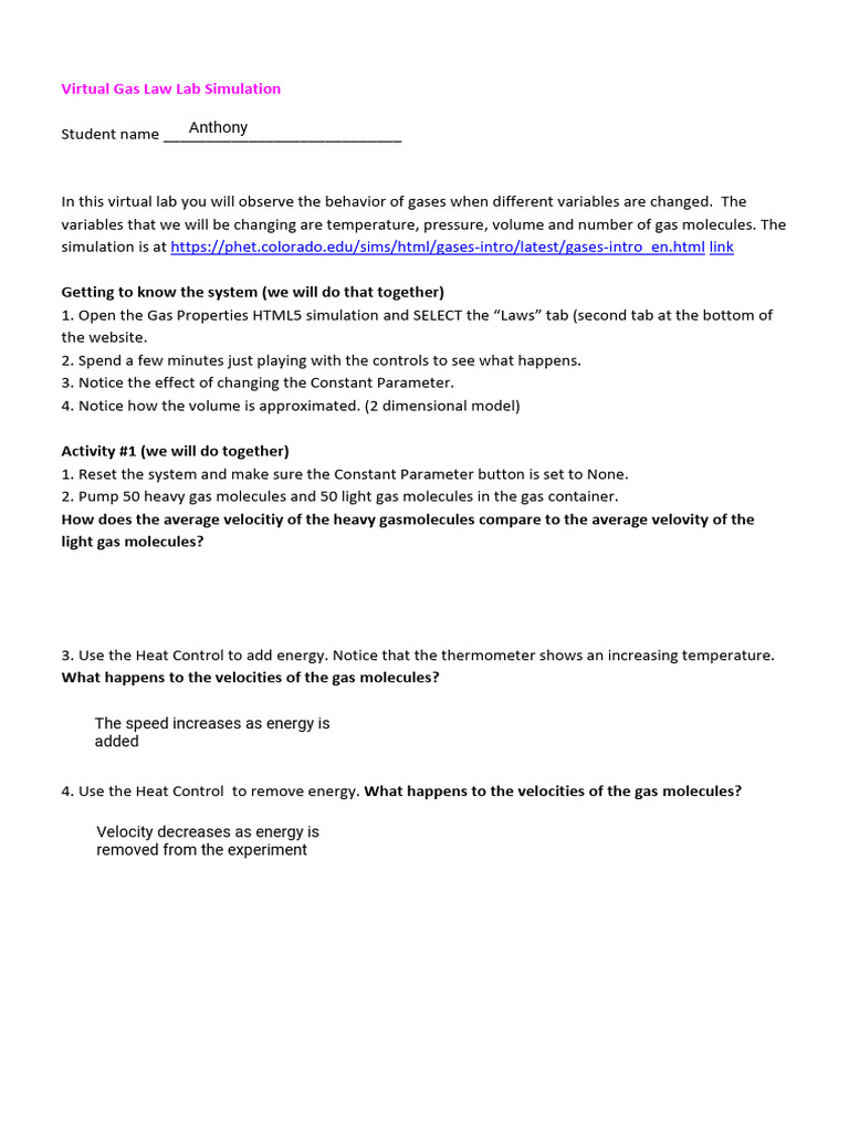 Gas Laws Virtual Lab Chem 32A | PDF | Gases | Variable (Mathematics)