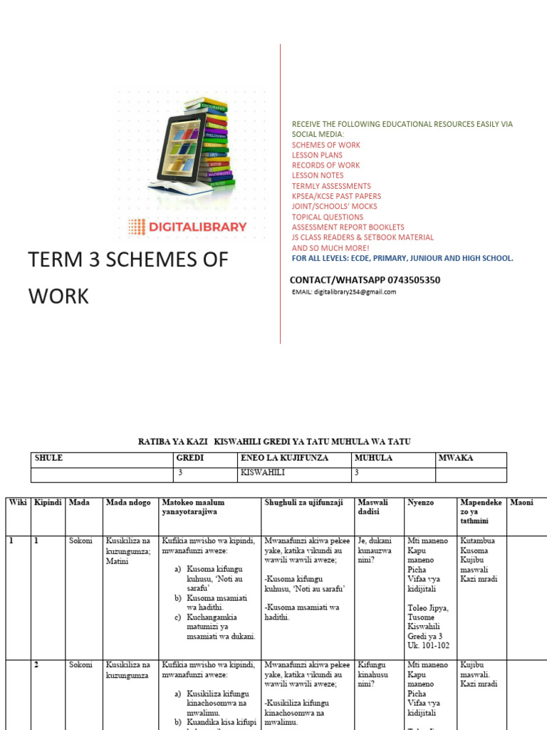 Grade 3 Term 3 Kiswahili 2 Schemes Tusome | PDF