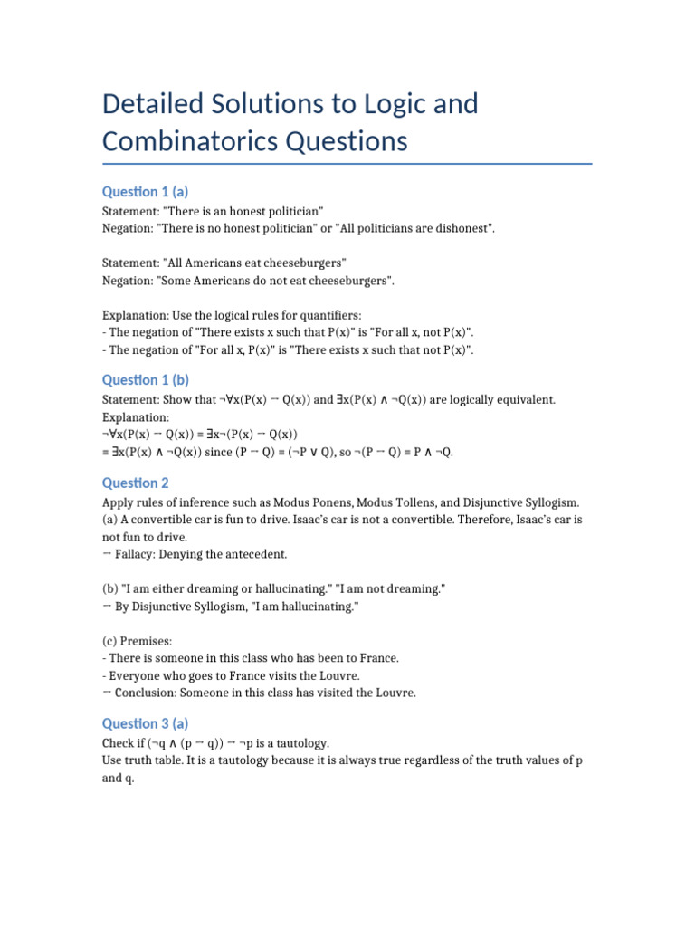 Logic Combinatorics Detailed Solutions Part1 | PDF | Mathematics | Metalogic