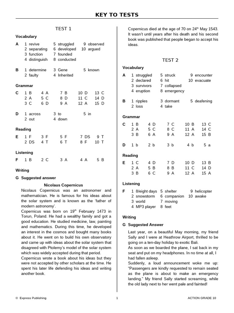 20action gr10 Tests Key | PDF