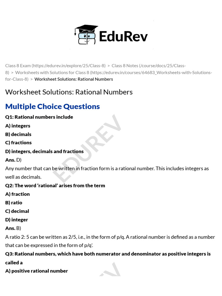Class 8 Rational Numbers Worksheet Solutions | PDF | Rational Number ...