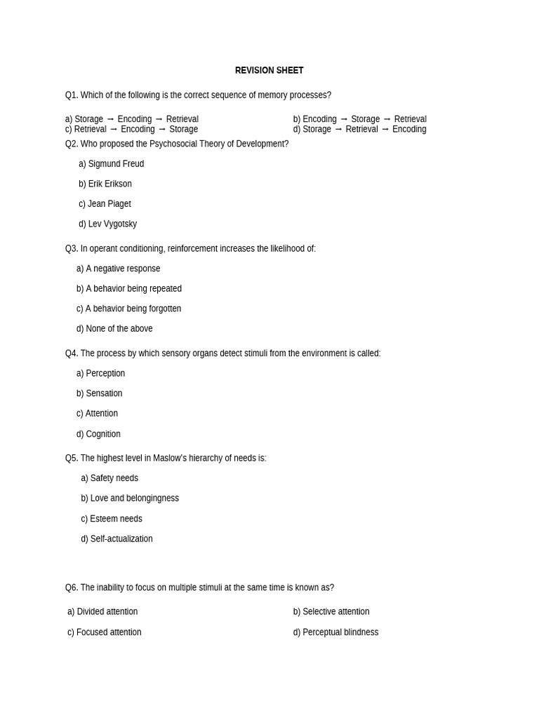 Psychology Concepts and Theories Quiz | PDF | Psychology ...