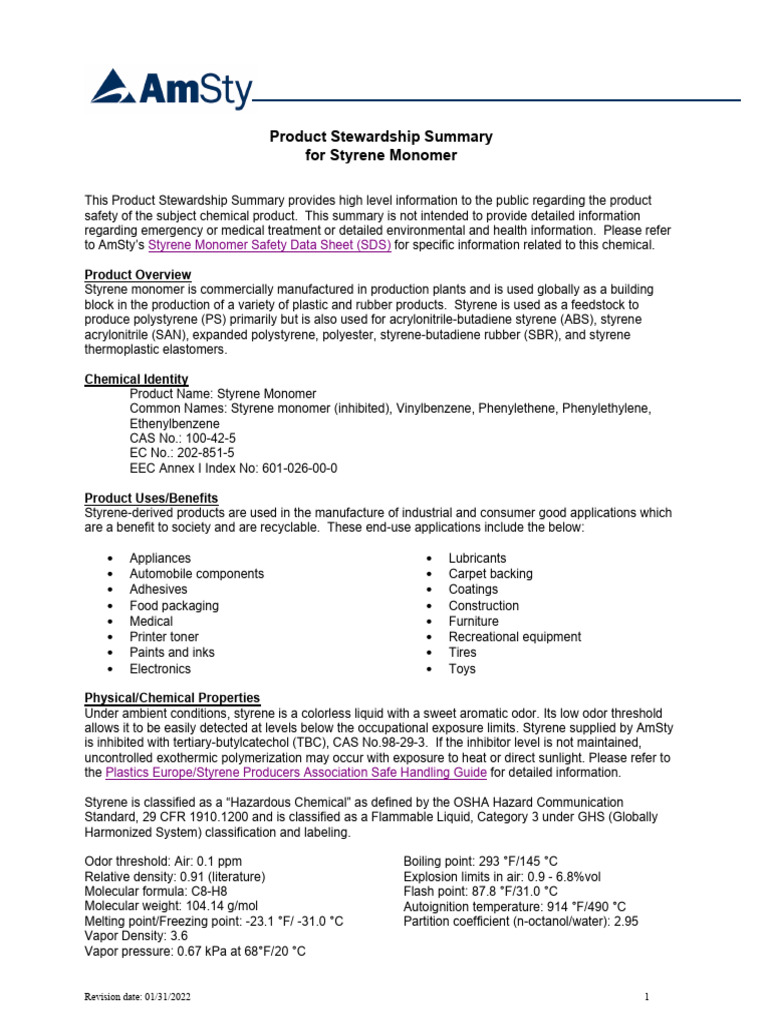 Product Stewardship Summary-Styrene | PDF | Toxicity | Polystyrene