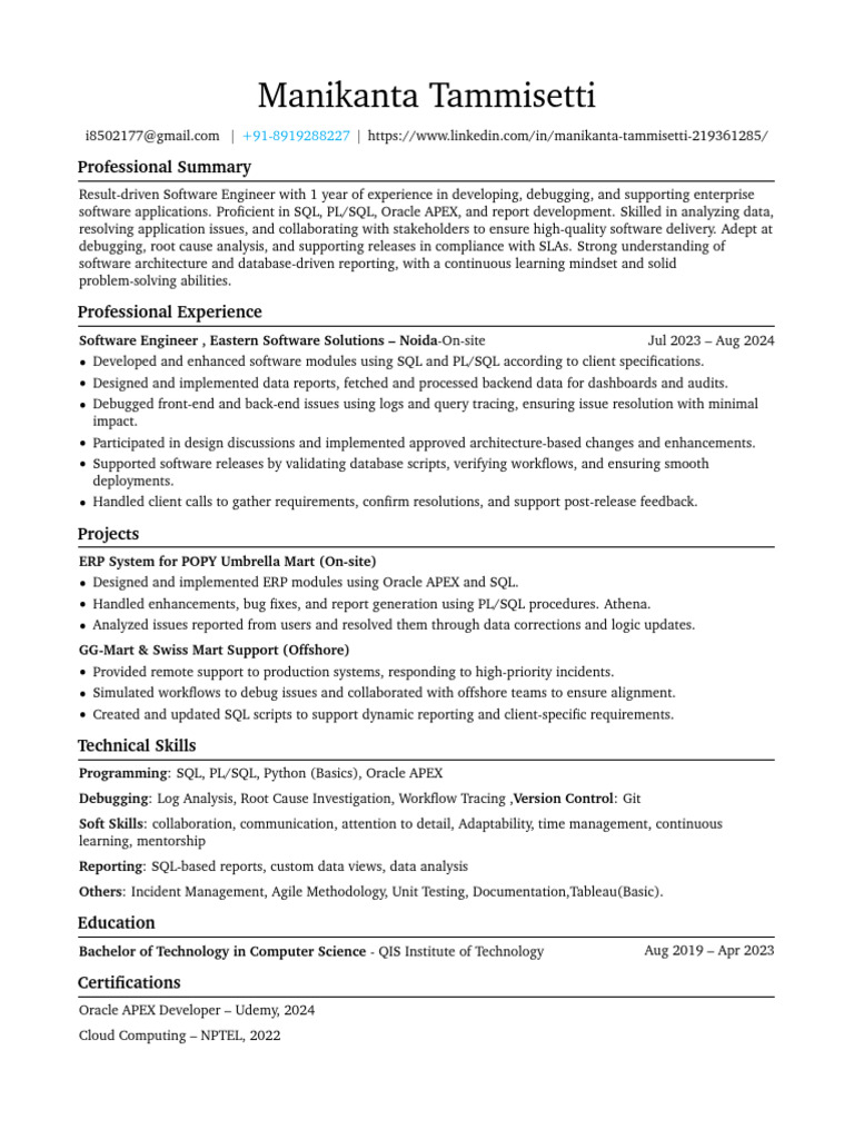 Manikanta SQL, PLSQL Resume PDF | PDF | Sql | Pl/Sql