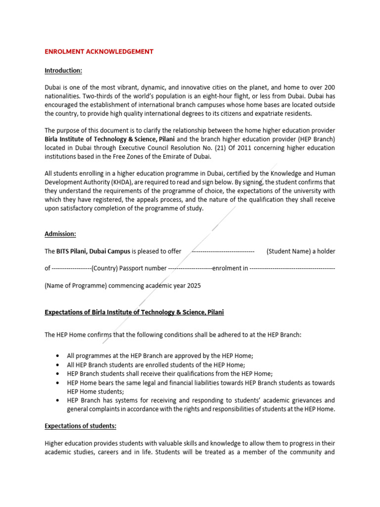 KHDA Student Enrolment Acknowledgement | PDF