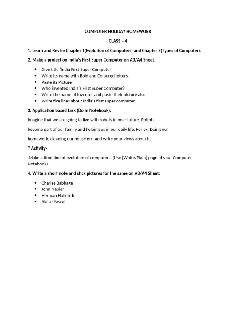 Computer Holiday Homework Class 4 | PDF
