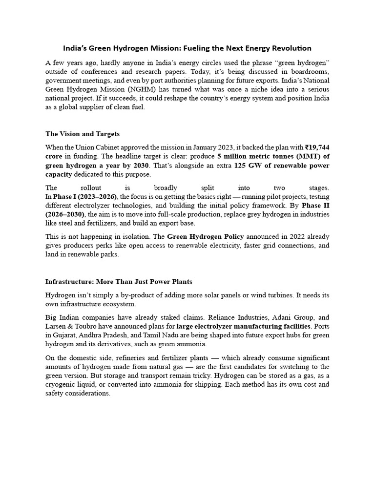 AKASH B_IIT KHARAGPUR_India’s Green Hydrogen Mission Fueling the Next Energy Revolution | PDF ...