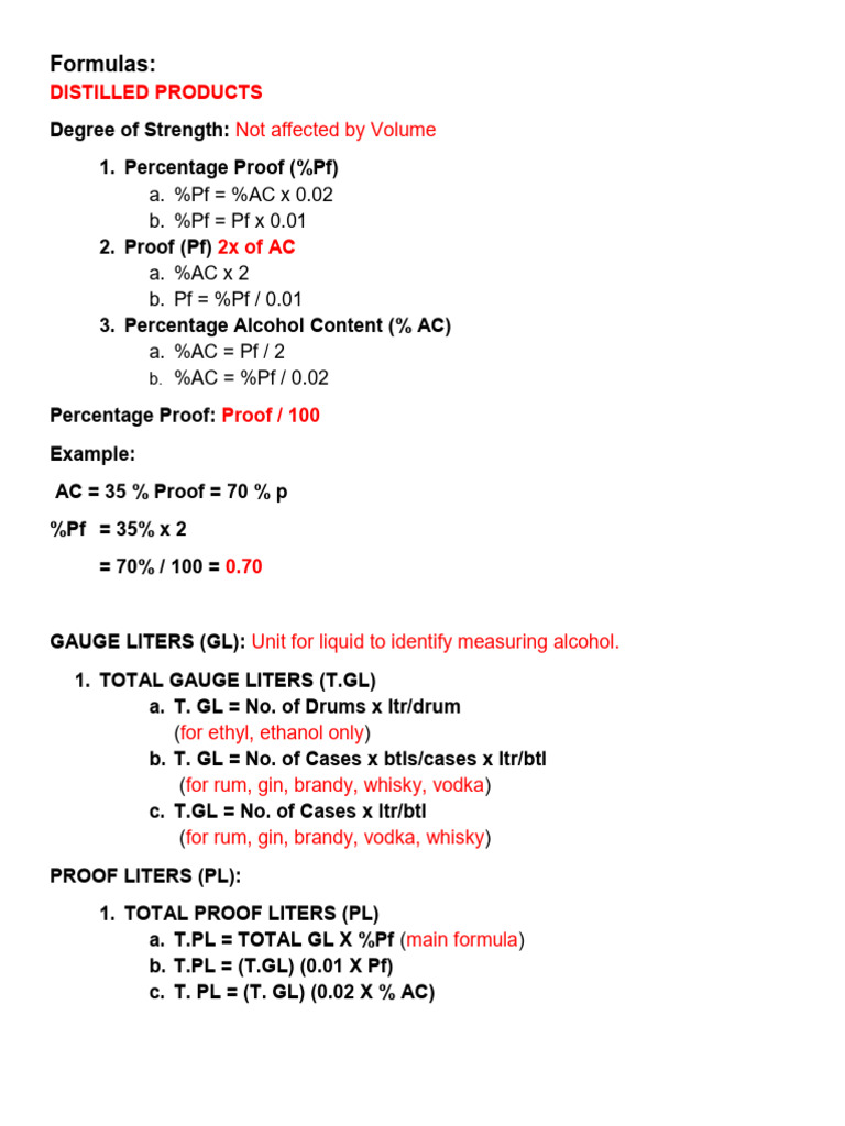 Proof Liter Calculation Formulas | PDF
