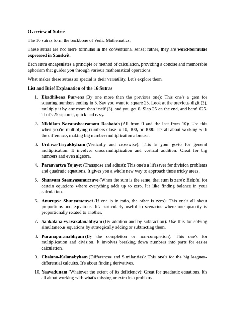 Vedic Mathematics: 16 Key Sutras Explained | PDF | Equations ...