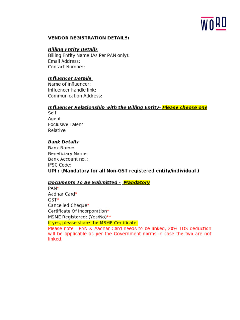 Influencer Vendor Form - Revised | PDF