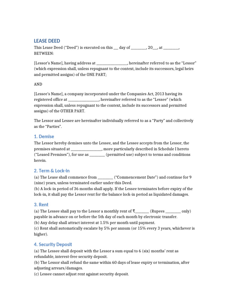 Comprehensive Lease Deed Template | PDF | Lease | Indemnity