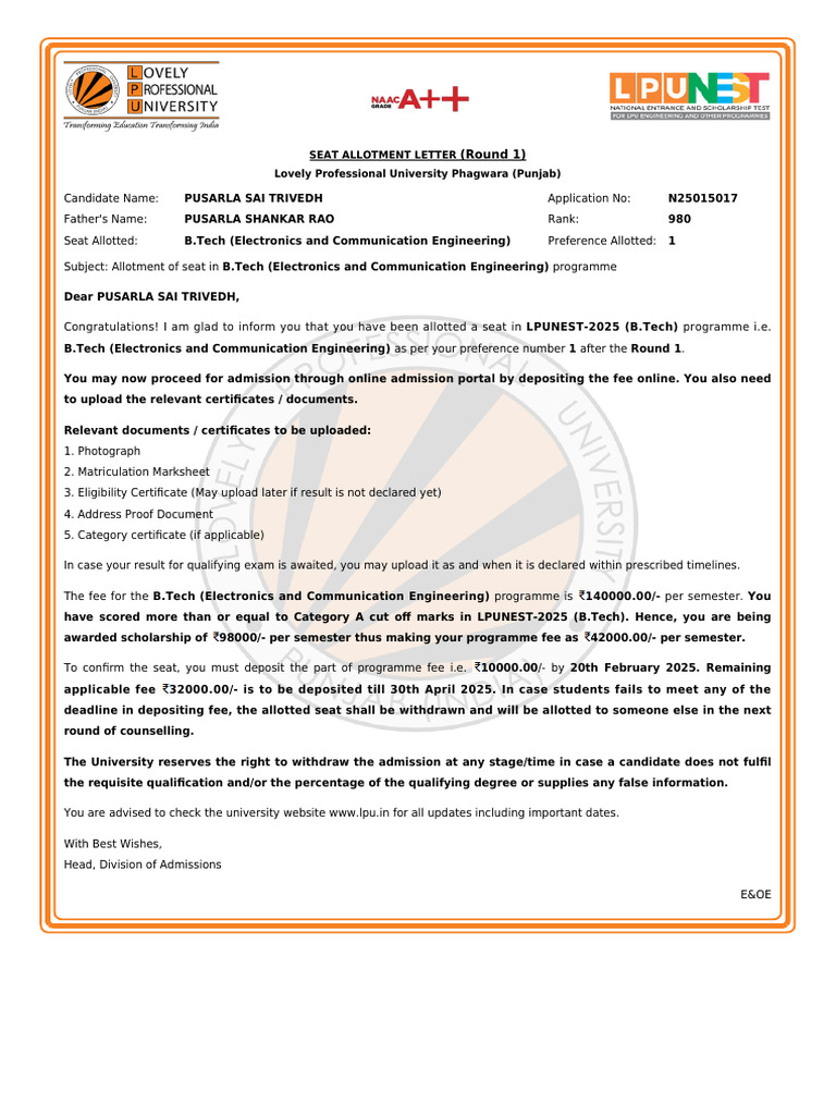 Allotment Letter N25015017 | PDF