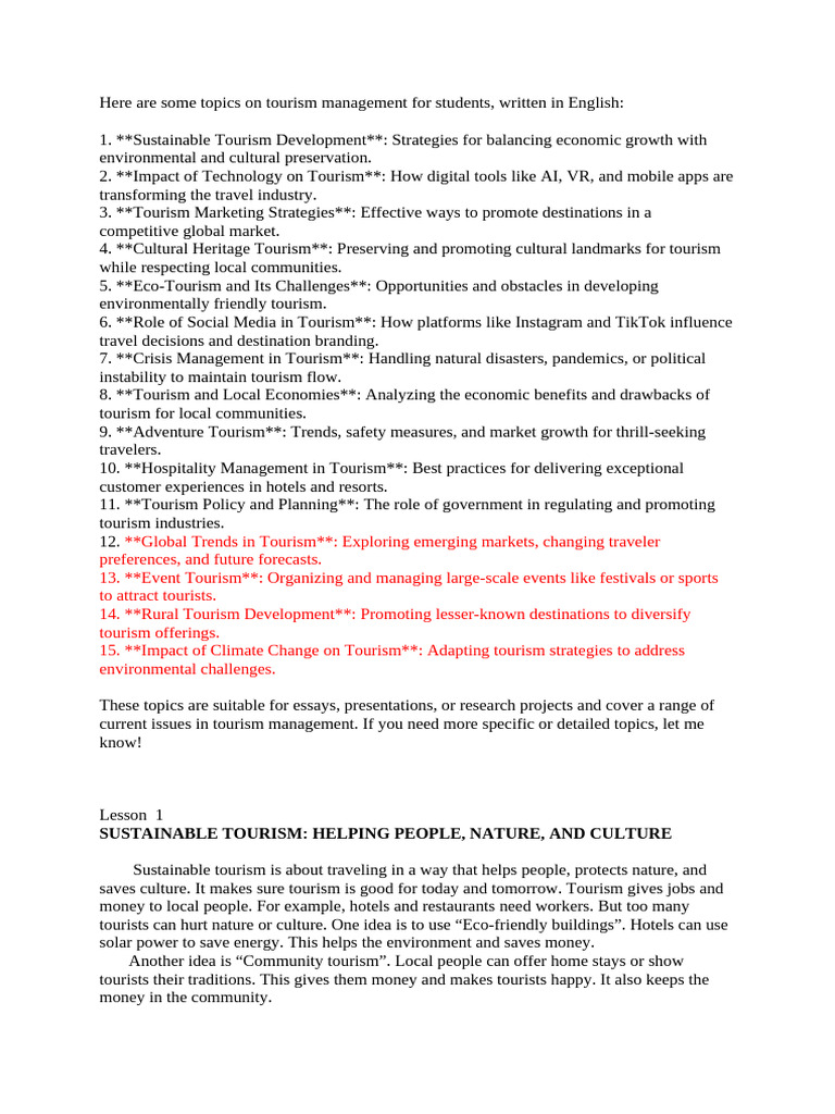 Tourism Management Topics for Students | PDF | Tourism | Artificial ...