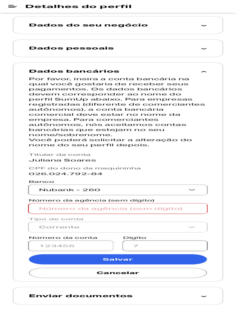 Cadastro de Dados Bancários SumUp | PDF