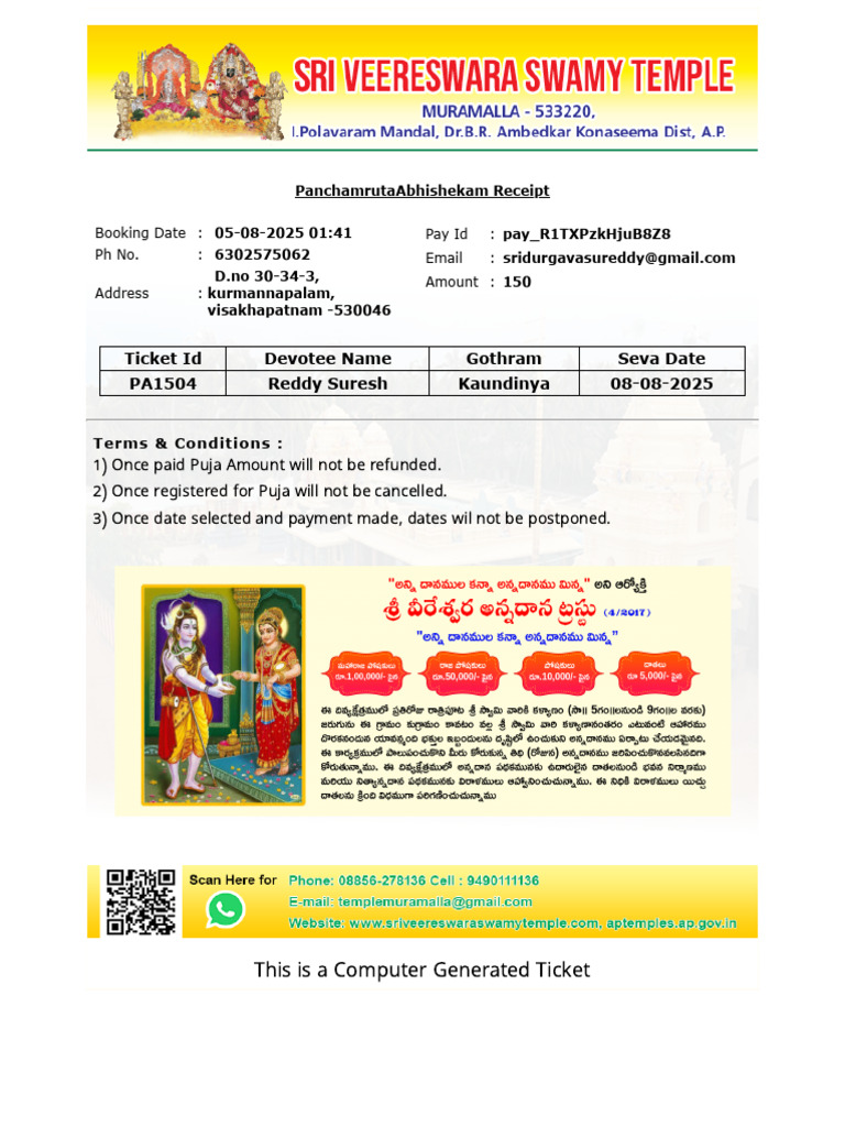 Ticket Id Devotee Name Gothram Seva Date PA1504 Reddy Suresh Kaundinya ...
