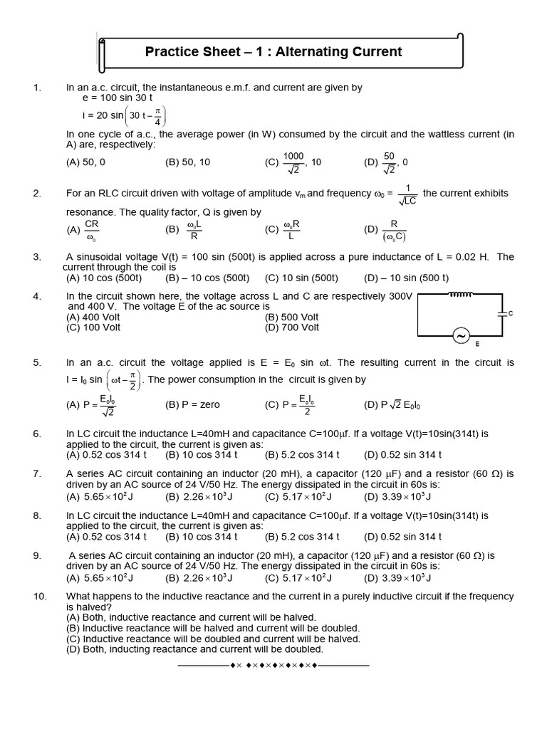 Practice Sheet 1 AC NIM 25 | PDF | Electrical Network | Inductor