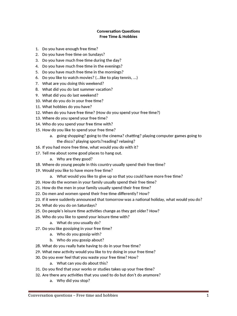 Free Time and Hobbies Discussion Questions | PDF | Hobbies | Chess Openings