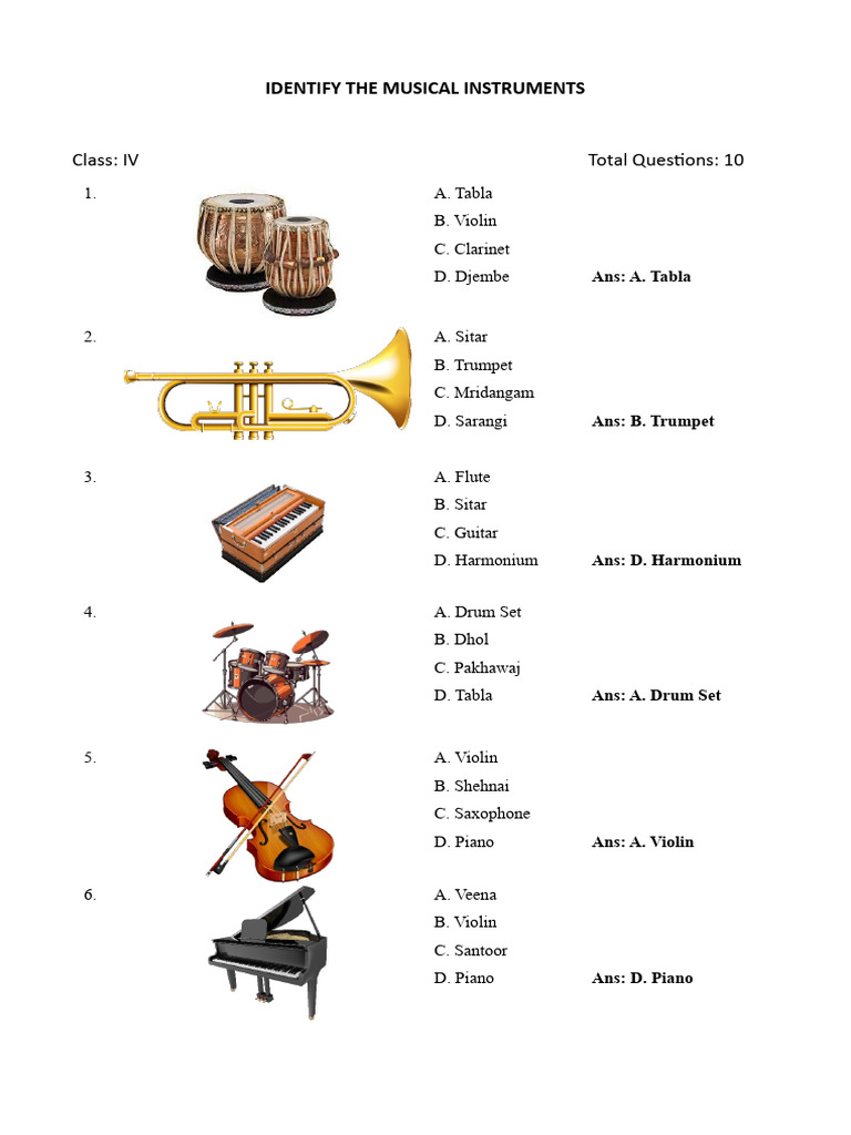 Musical Instruments Quiz for Class IV | PDF