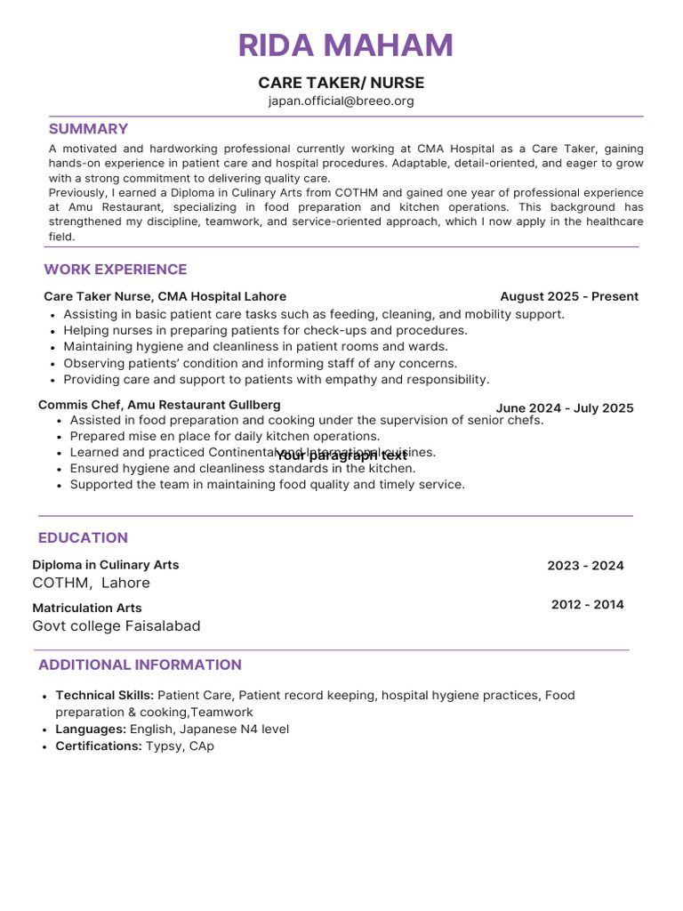 Rida Ansar - Care Taker Nurse | PDF