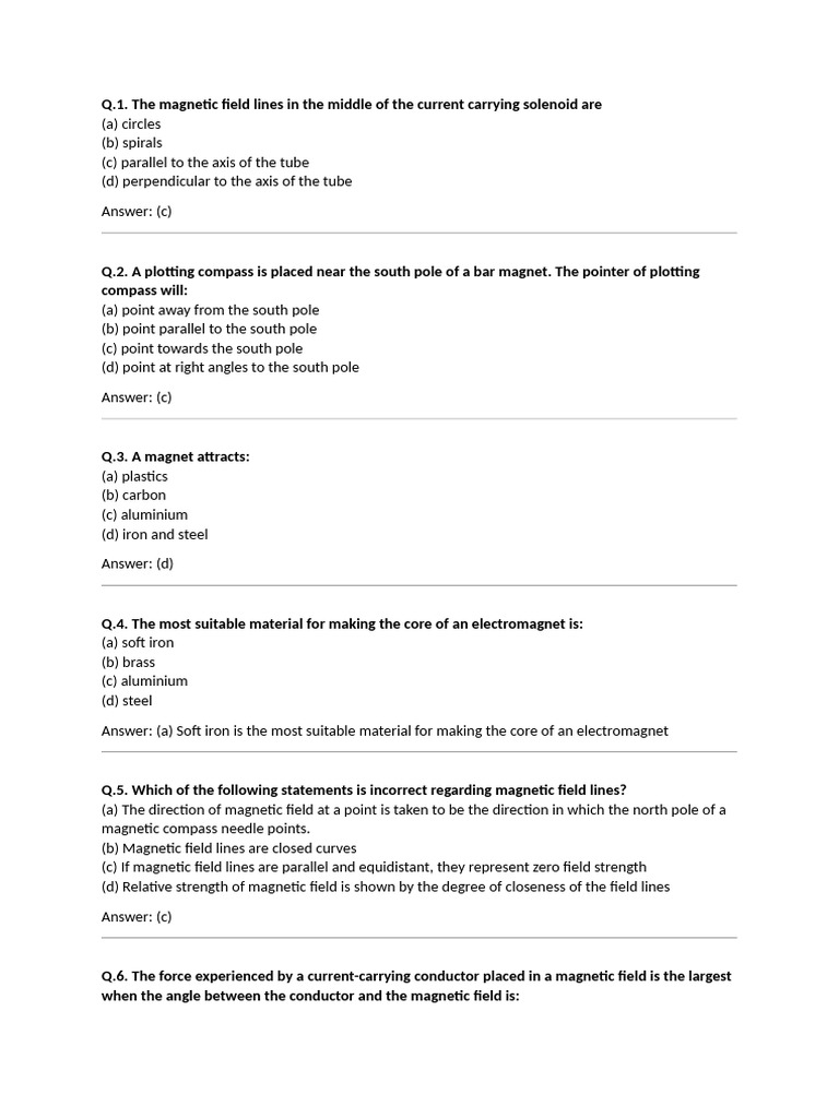 Mcq Worksheet Magnetism | PDF | Magnetic Field | Magnetism
