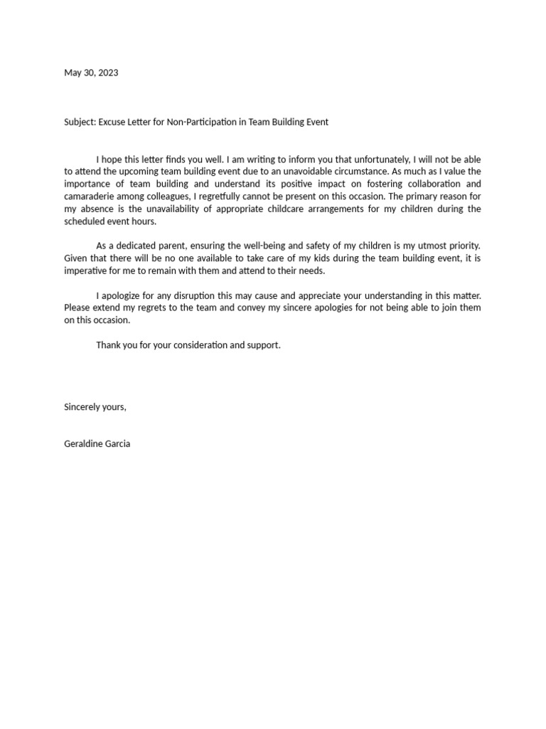 Excuse Letter for Team Event Absence | PDF