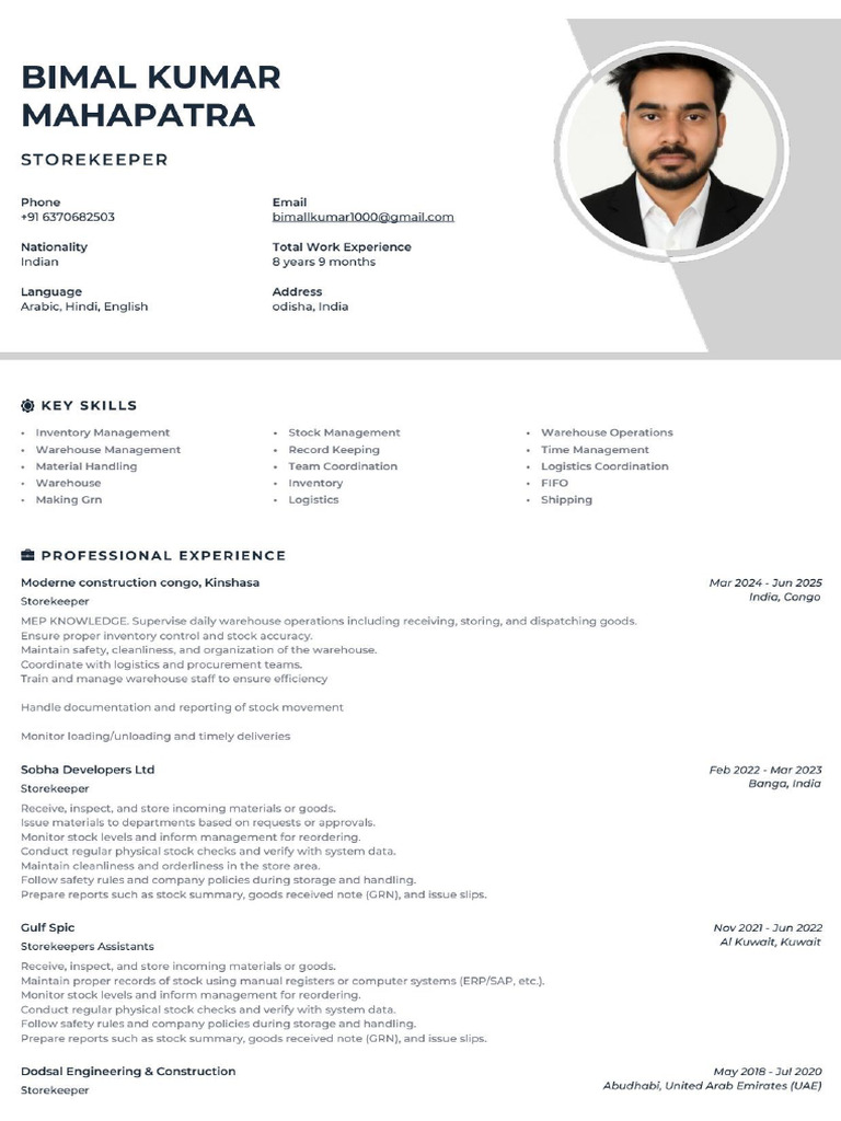 BIMAL KUMAR MAHAPATRA Warehouse Technician | PDF