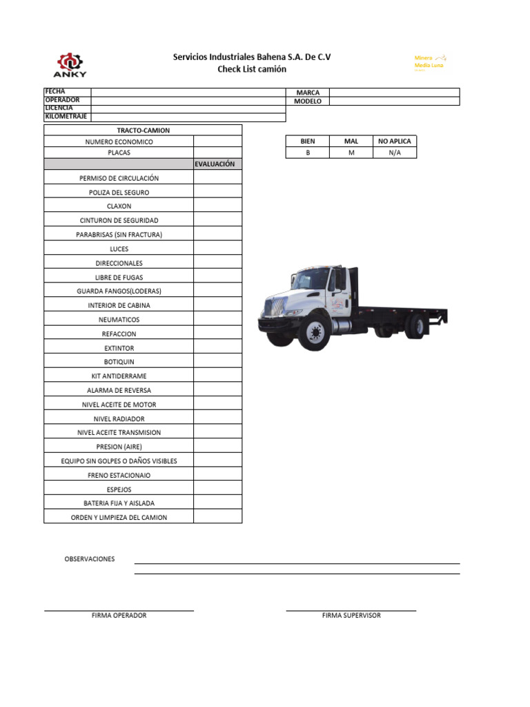 Check List de Evaluación de Camiones | PDF