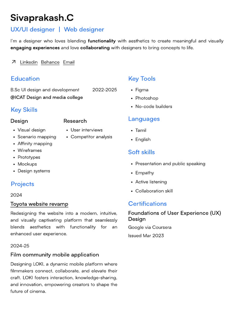 UX/UI Designer Sivaprakash C Profile | PDF