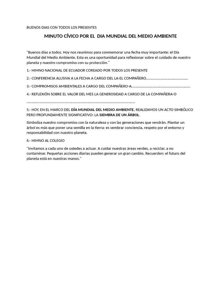 Minuto Cívico Día Mundial Del Medio Ambiente | PDF