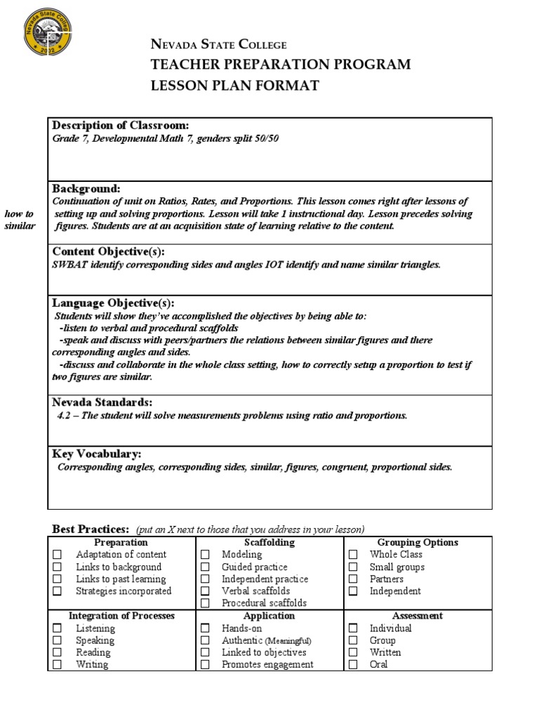 N S C Teacher Preparation Program Lesson Plan Format: Description of ...
