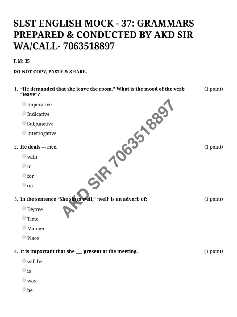 English Grammar Mock Test 37 | PDF | Verb | Adverb