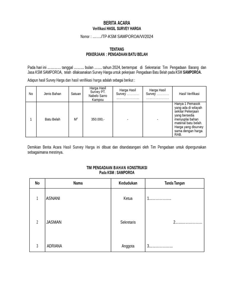 Form Survey Harga Dan Berita Acara Survey Harga | PDF