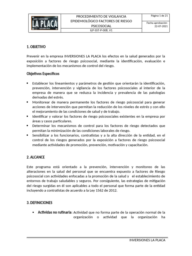 ILP-SST-P-008, V1 Proc SVE Psicosocial | PDF | Estrés (biología) | Seguridad y salud ocupacional