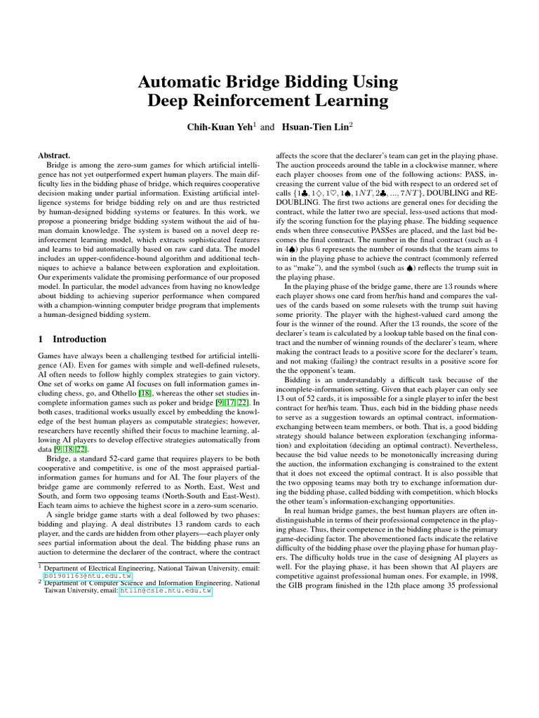 Automatic Bridge Bidding Using Deep Reinforcement Learning | PDF | Contract Bridge | Artificial ...