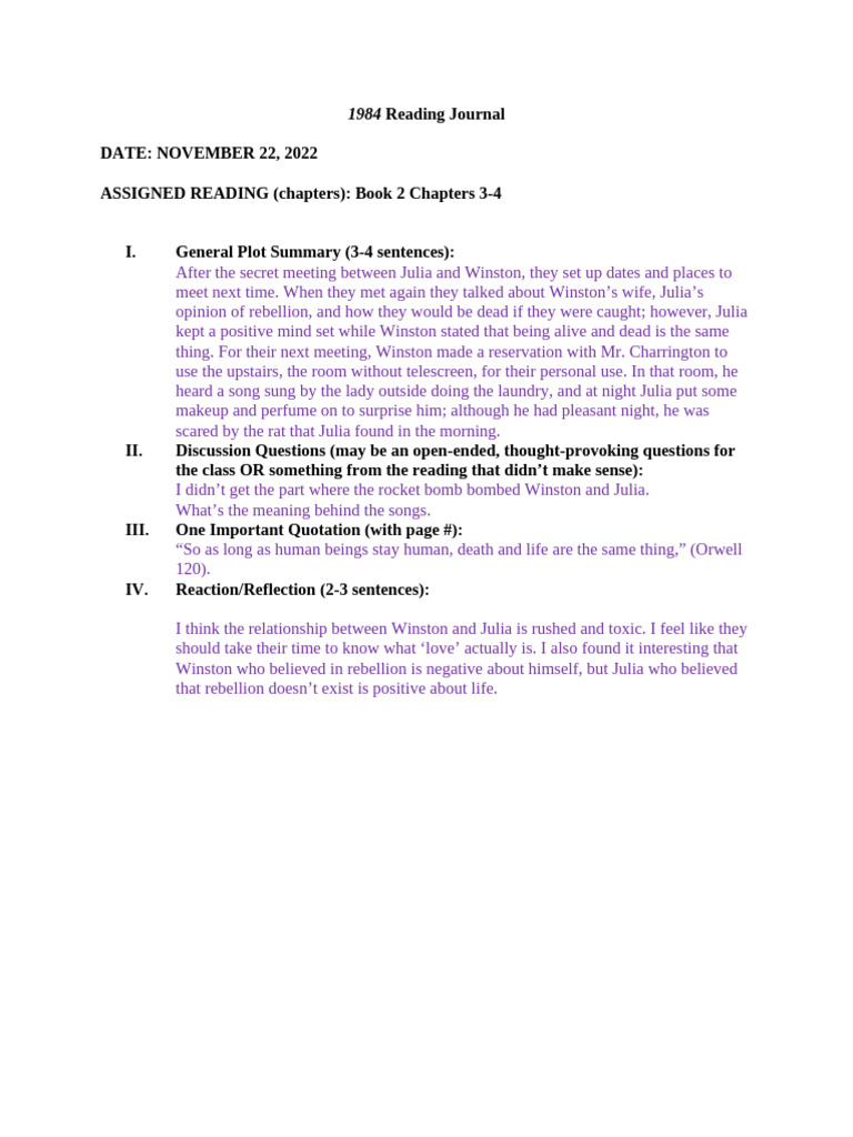 1984 Reading Journal Book 2 Chapters 3-4 | PDF
