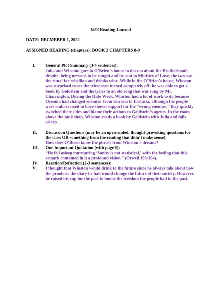 1984 Reading Journal Book 2 Chapters 8-9 | PDF